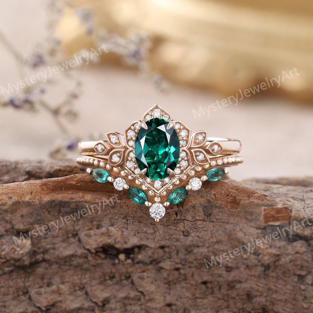 Vintage Emerald Engagement Ring Set Solid Gold Emerald Jewelry Set ...