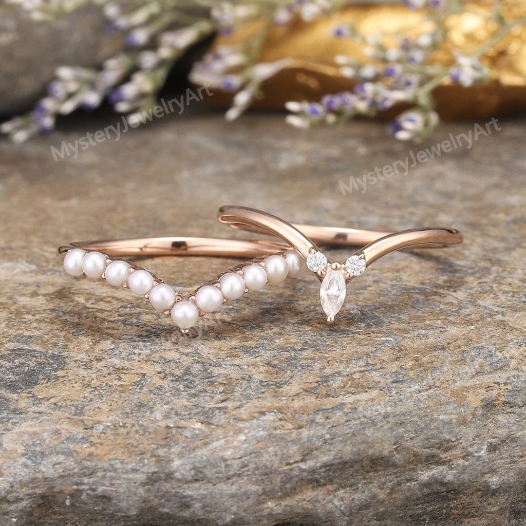 Vintage Pearl Wedding Band Rose Gold Stacking Ring Set Moissanite Pearl ...