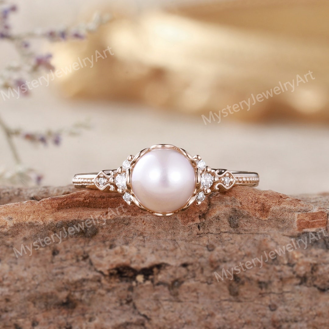 Vintage Pearl Ring Solid Gold Engagement Ring Floral Ring Moissanite ...