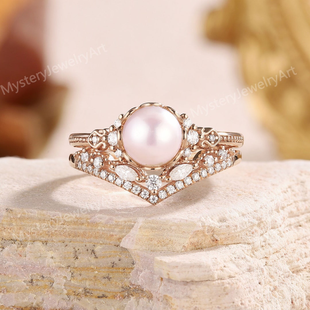 Vintage Pearl Engagement Ring Set Solid Gold Moissanite Ring Pearl Ring ...