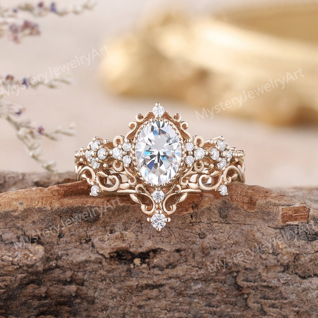 Vintage Moissanite Engagement Ring Set Rose Gold Ring Floral Ring Oval ...