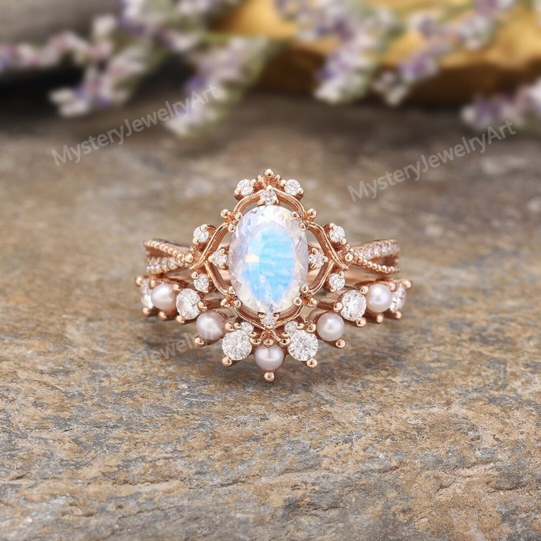 Unique Moonstone Engagement Ring Set Moissanite Wedding Ring Set Rose ...