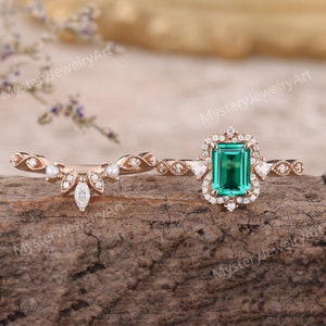 Vintage Emerald Engagement Ring Set Emerald Cut Ring Set Rose - Etsy
