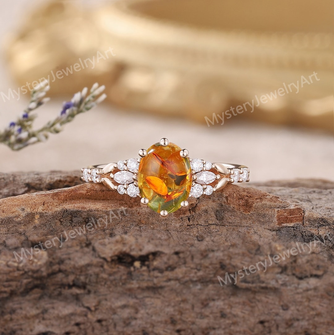 Vintage Amber Engagement Ring Oval Rose Gold Ring Art Deco Moissanite Ring Natural Amber Ring ...