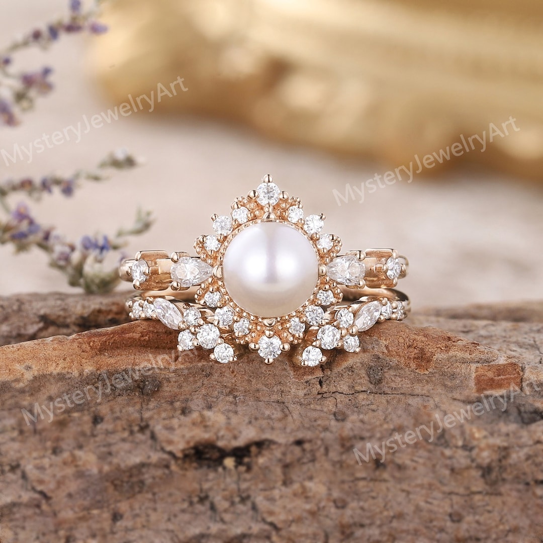 Vintage Pearl Engagement Ring Set Rose Gold Ring Set Dainty Pearl Ring ...
