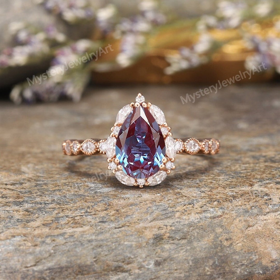 Dainty Alexandrite Engagement Ring Rose Gold Ring Moissanite Cluster ...