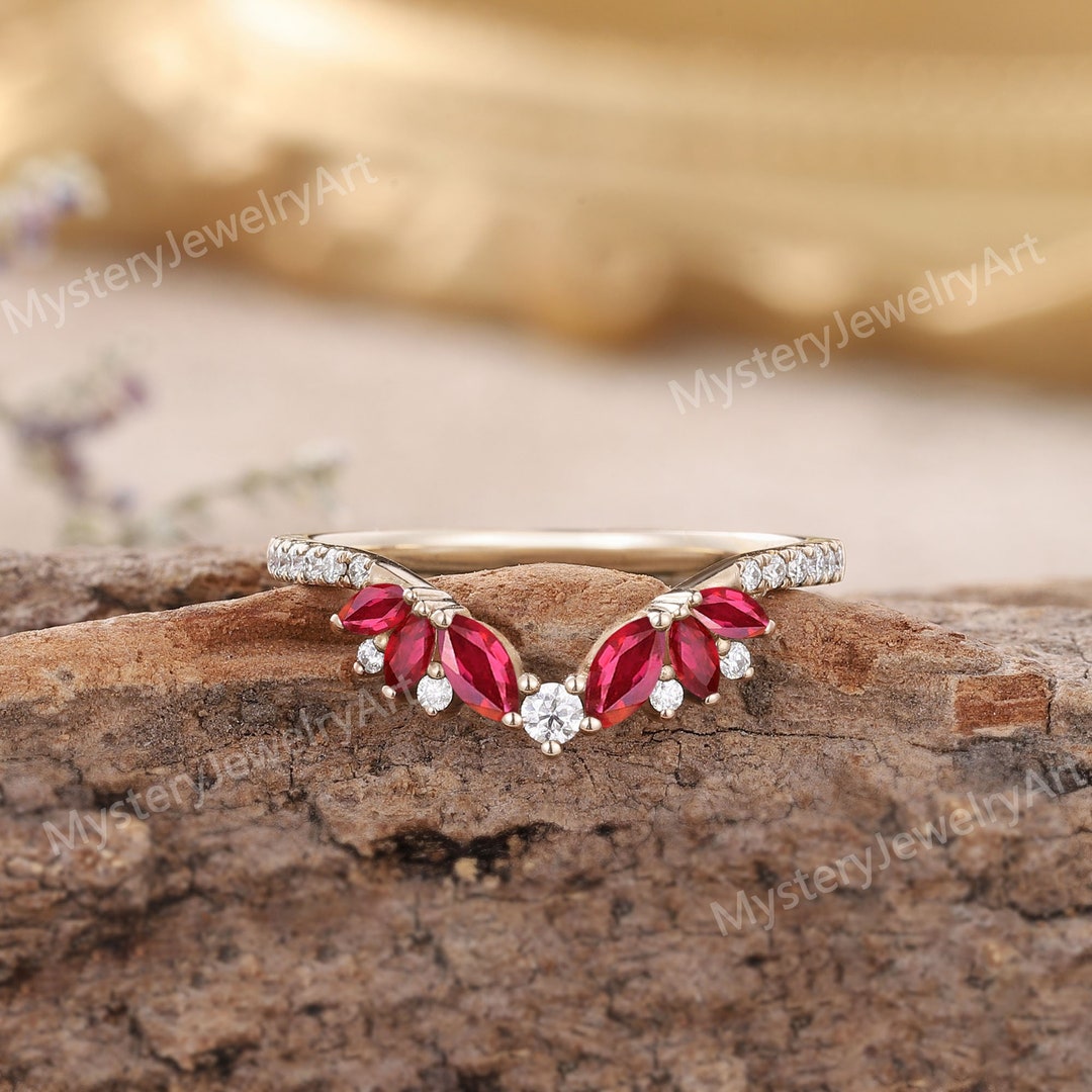 Ruby Wedding Band Rose Gold Pave Chevron Moissanite Cluster Ring Unique Diamond Stackable Rings ...