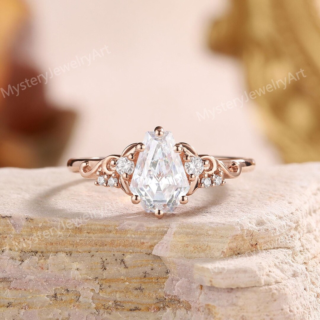 Coffin Cut Moissanite Engagement Ring Rose Gold Leaf Vine Wedding Ring ...