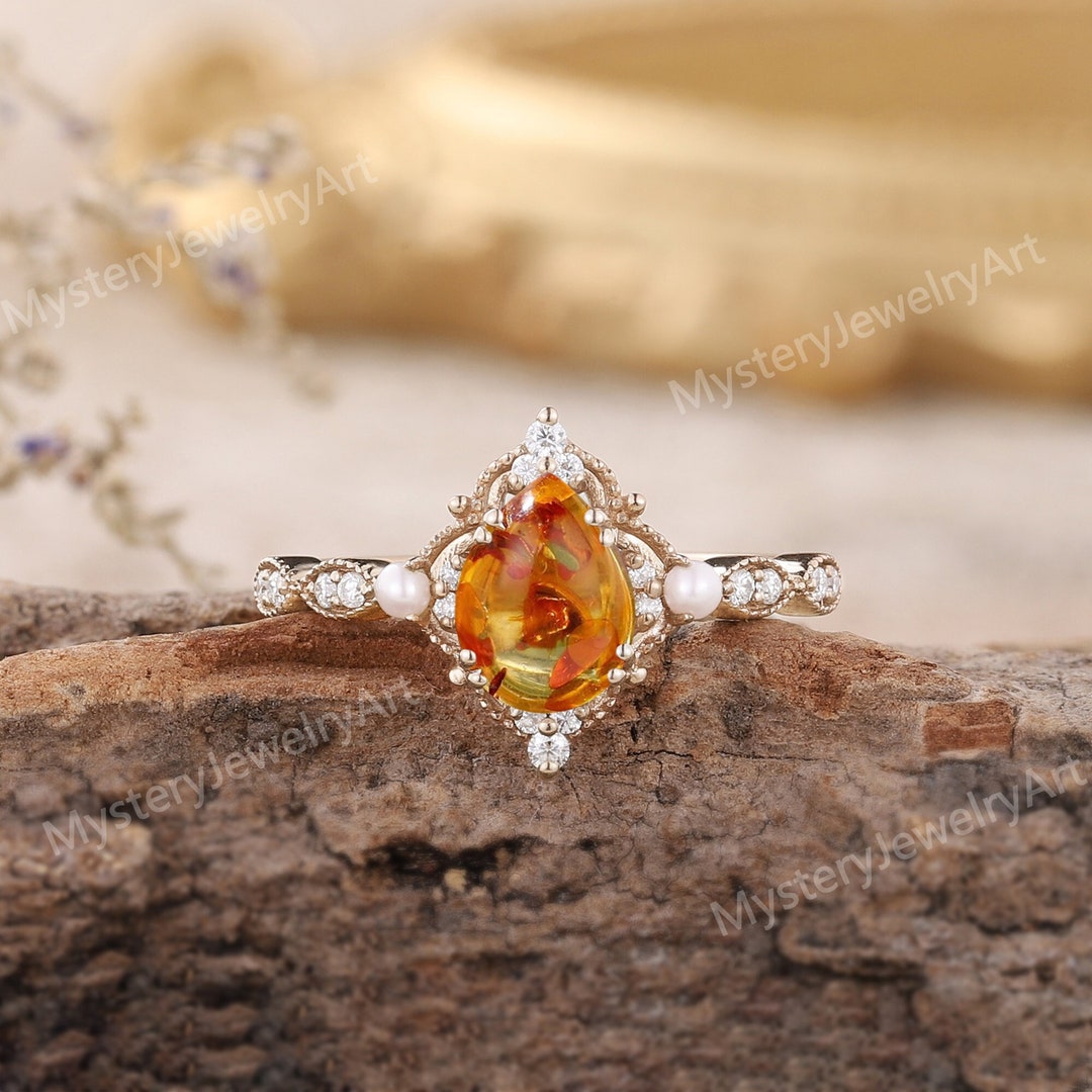 Vintage Amber Engagement Ring Rose Gold Pearl Ring Unique Moissanite ...