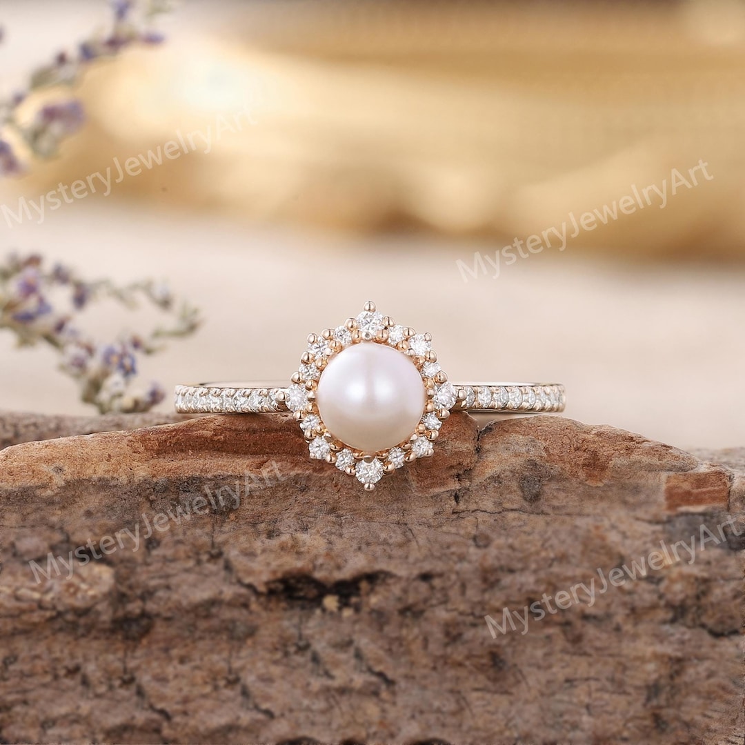 Natural Akoya Pearl Engagement Ring Vintage Rose Gold Pearl Ring ...