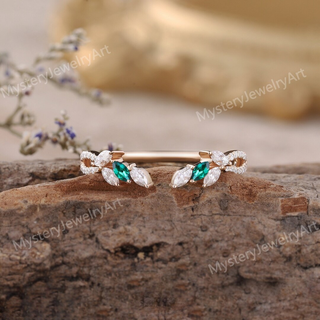 Vantage Emerald Wedding Band Rose Gold Ring Emerald Ring Stackable Rings Open Wedding Band ...