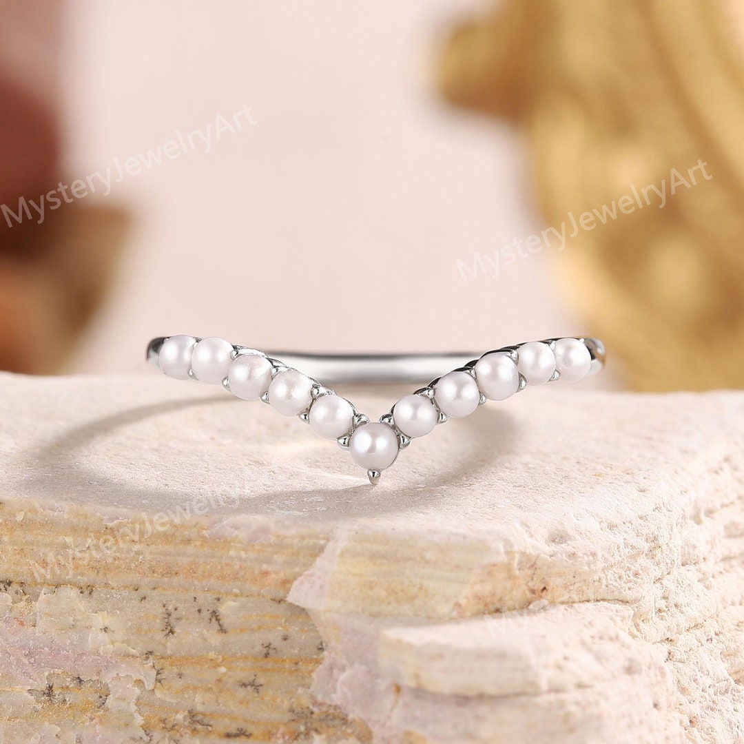 Unique Pearl Wedding Band Vintage White Gold Pearl Curved Wedding Band ...