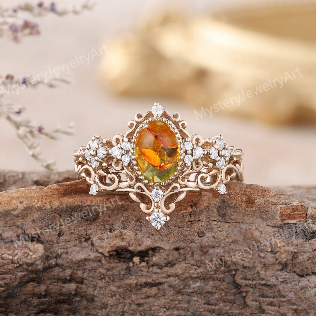 Vintage Amber Engagement Ring Set Solid Gold Amber Jewelry Art Deco ...