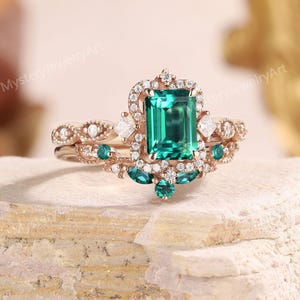 Vintage Emerald Engagement Ring Set Solid Gold Emerald Cut Bridal Set ...
