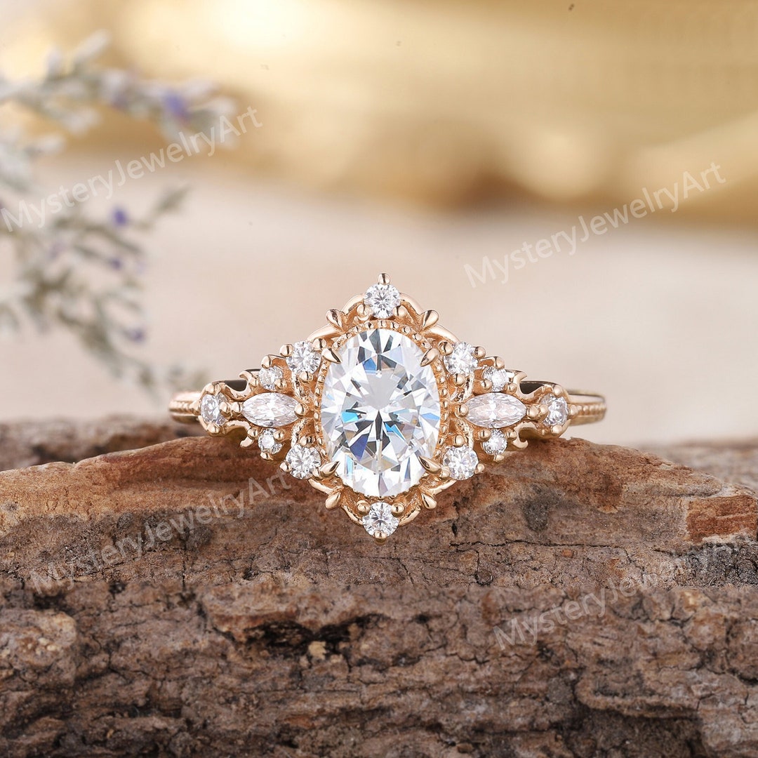 Vintage Moissanite Engagement Ring Rose Gold Oval Moissanite Ring ...