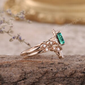 Vintage Emerald Engagement Ring Set Emerald Cut Ring Set Rose - Etsy