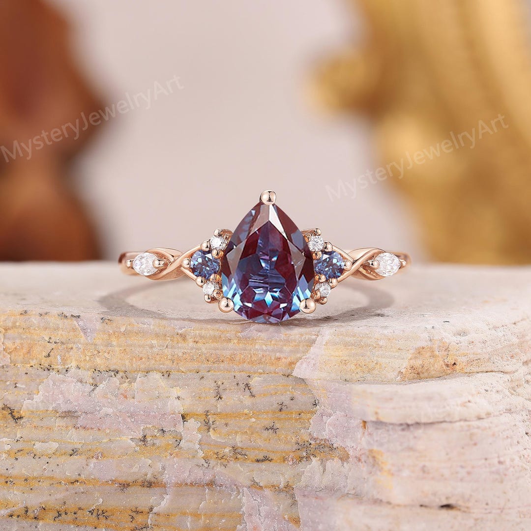 Vintage Pear Alexandrite Engagement Ring Rose Gold Wedding Ring ...