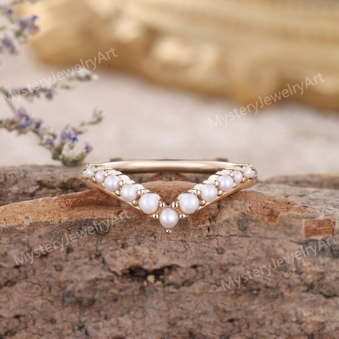Unique Pearl Wedding Band Vintage Rose Gold Ring Natural Pearl Ring Art ...