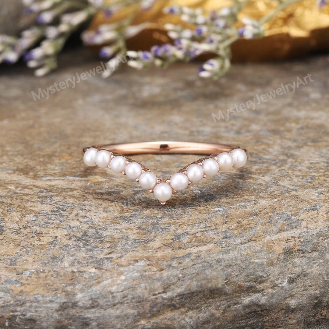 Unique Pearl Wedding Band Vintage Rose Gold Natural Pearl Curved ...