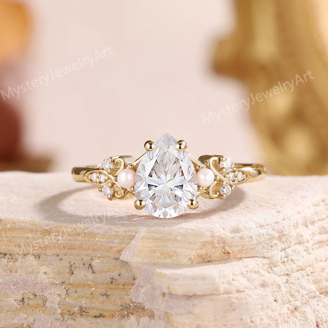 Vintage Moissanite Engagement Ring Solid Gold Pearl Cluster Ring Unique ...