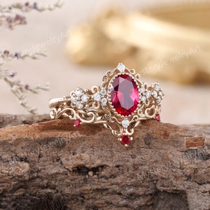 Vintage Ruby Engagement Ring Set Solid Gold Bridal Set Leaf Floral Ring Moissanite Cluster Ring ...