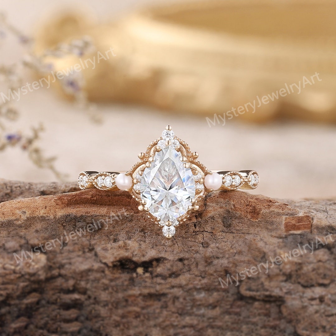 Vintage Moissanite Engagement Ring Rose Gold Pearl Cluster Ring Pear ...
