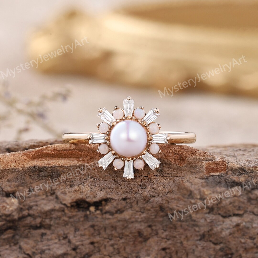 Vintage Pearl Engagement Ring Rose Gold Ring Opal Ring Moissanite ...