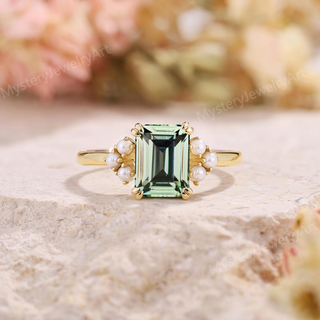Emerald Cut Green Sapphire Engagement Ring Solid Gold Teal Sapphire ...