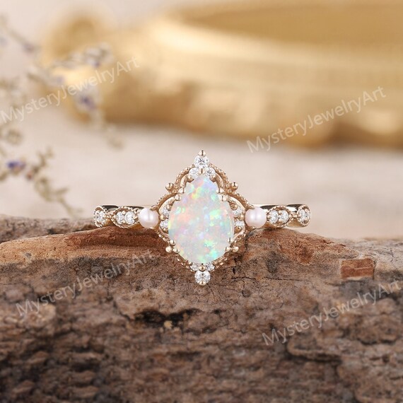 Vintage Opal Verlobungsring Rosegold Ring Opal und Perle Ring Regenbogen Opal Ringe Einzigartige Moissanite Cluster Ring Art Deco Versprechen Ringe Etsy