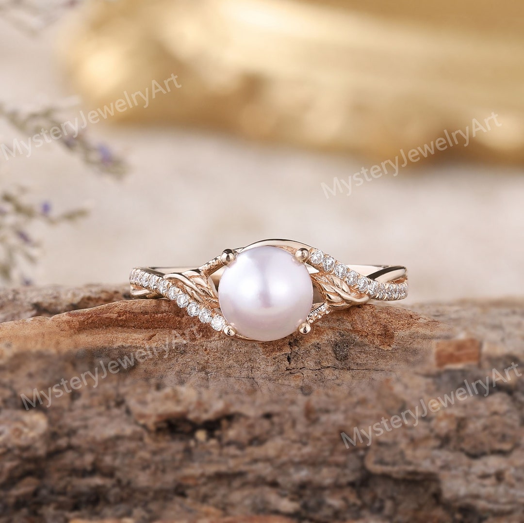 Vintage Pearl Engagement Ring Rose Gold Pearl Ring Moissanite Natural ...