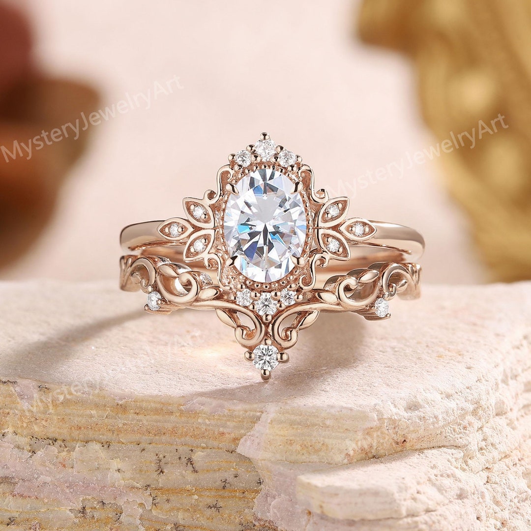 Vintage Moissanite Engagement Ring Set Solid Gold Ring Bridal Set Leaf ...