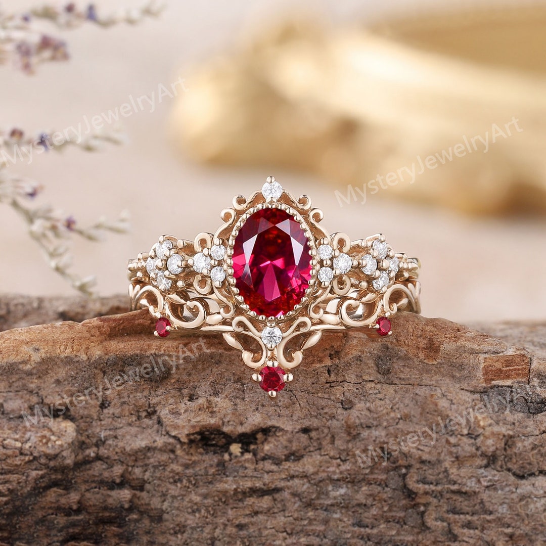 Vintage Ruby Engagement Ring Set Solid Gold Bridal Set Leaf Floral Ring ...