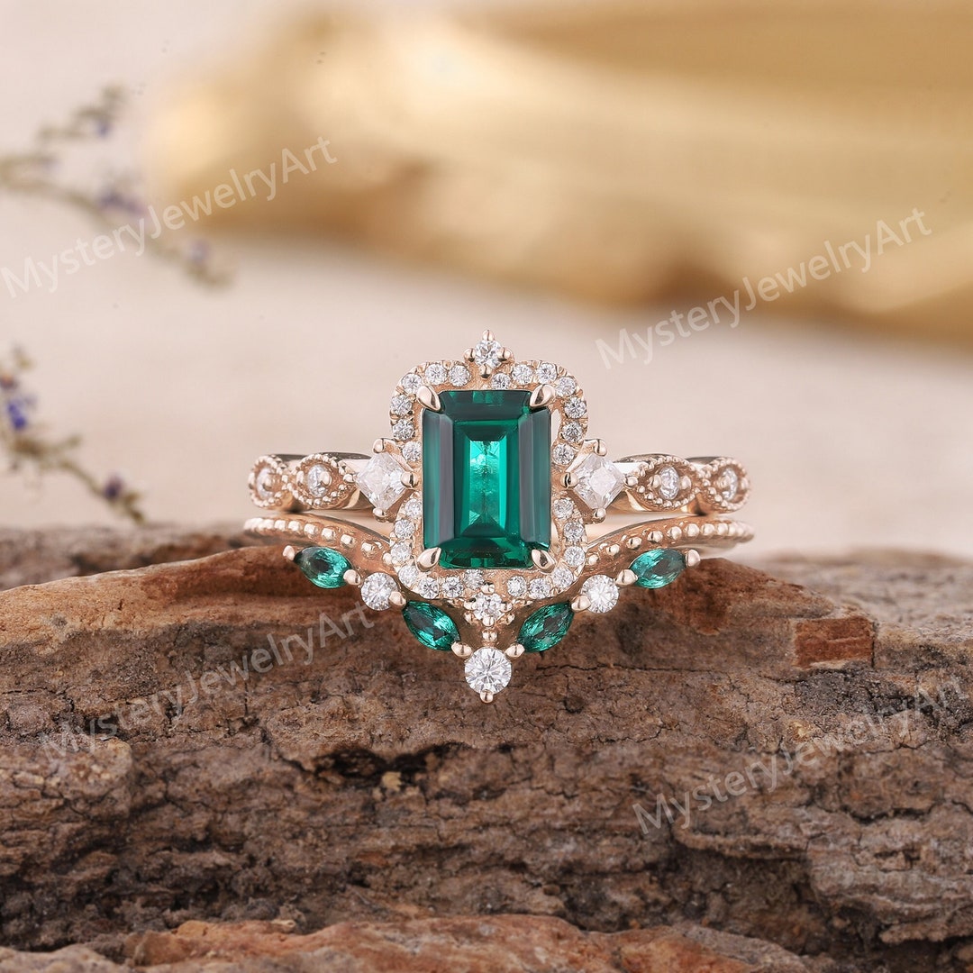 Vintage Emerald Engagement Ring Set Rose Gold Emerald Jewelry Set ...