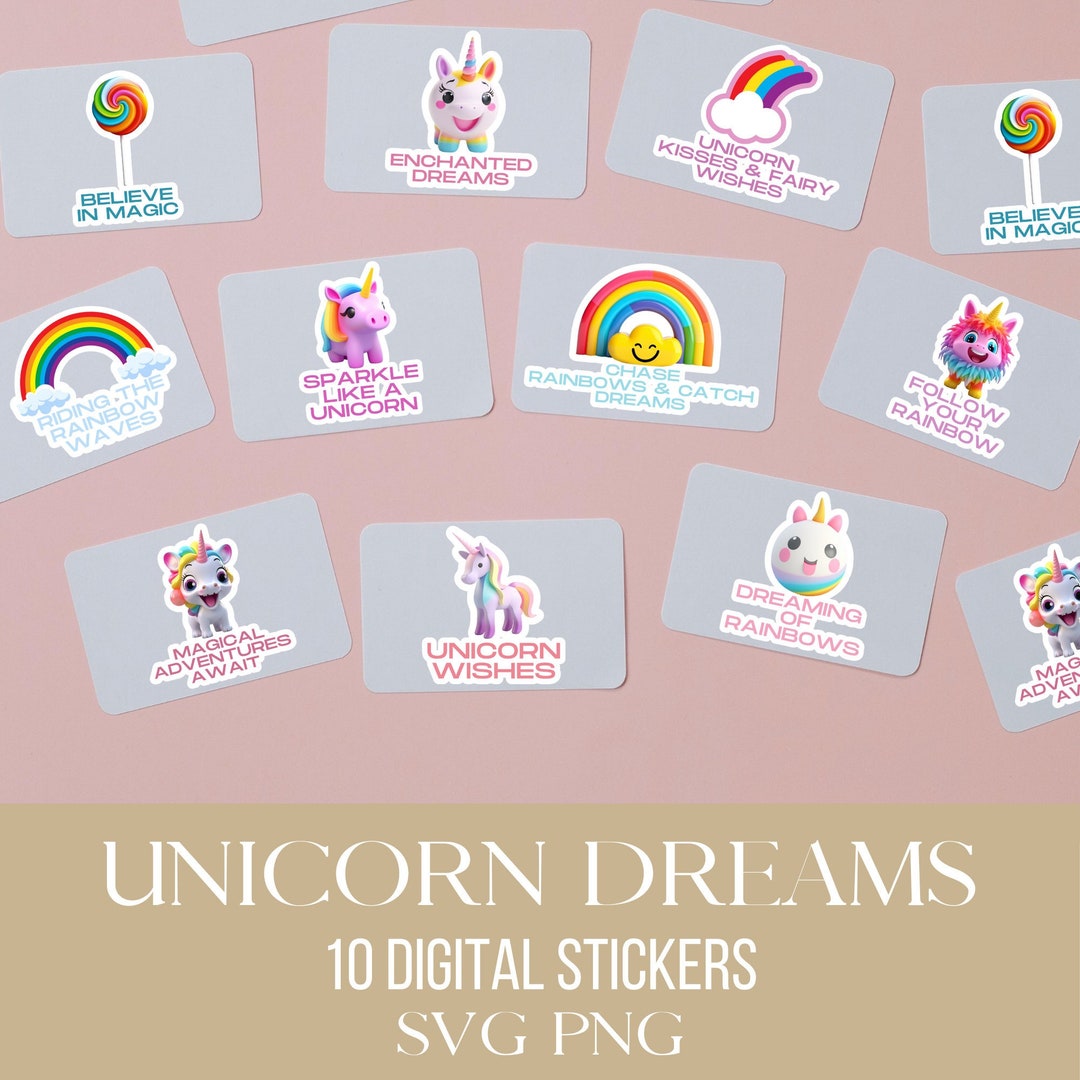 Digital Whimsical Stickers: Cute Unicorn and Rainbow Designs for ...