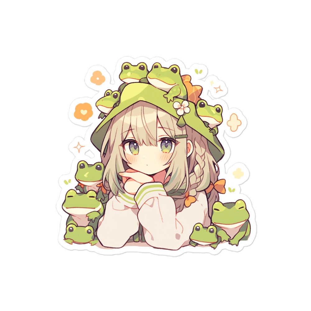 Cute Anime Girl & Frogs Vinyl Sticker - Adorable, High-quality Decal ...