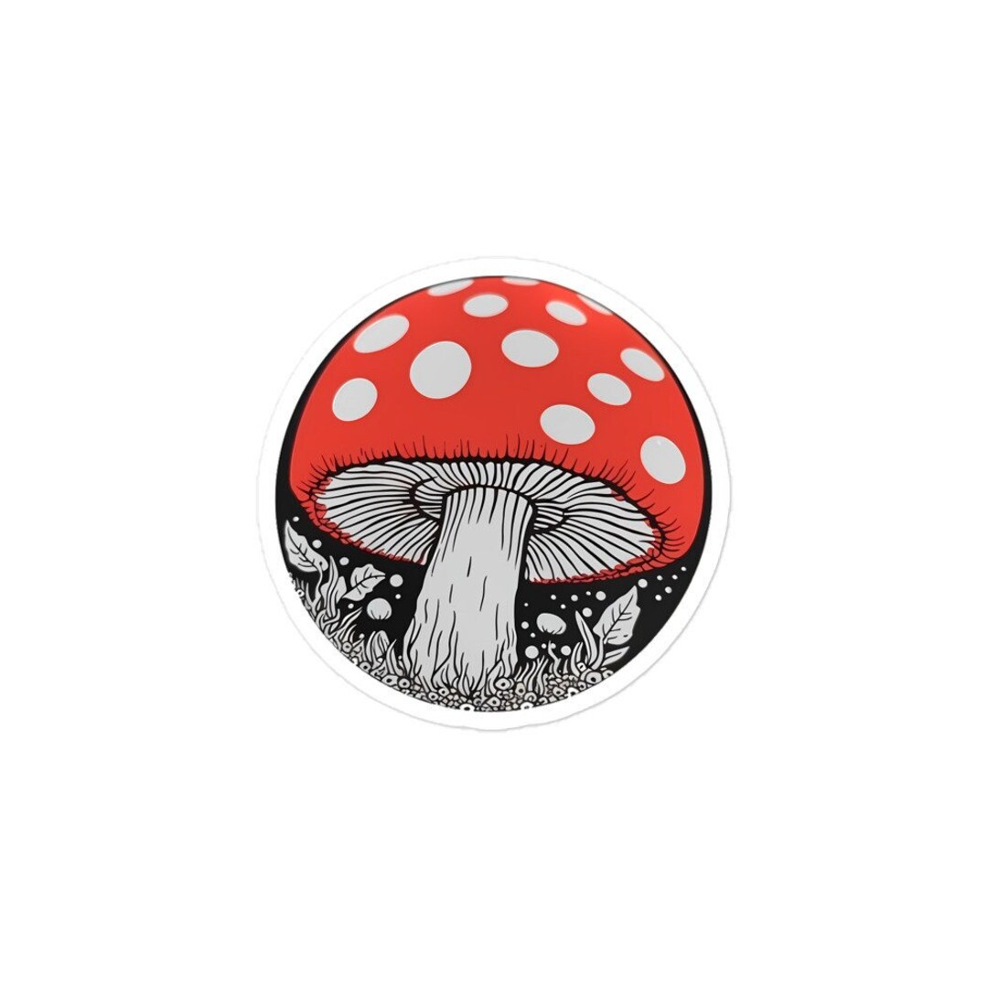 Red-capped Mushroom Vinyl Sticker - High-quality B&W Decal With Color ...