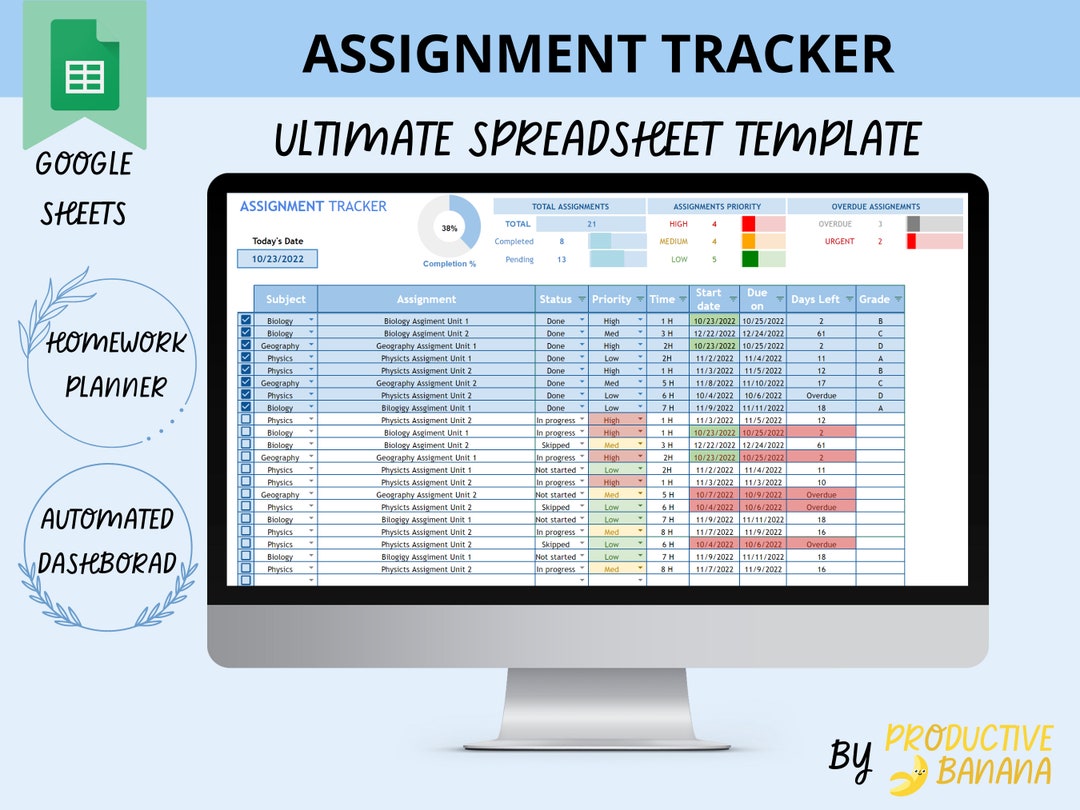 ASSIGNMENT TRACKER Google Sheets Template Homework Planner - Etsy