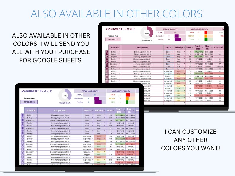 ASSIGNMENT TRACKER Google Sheets Template Homework Planner College and ...