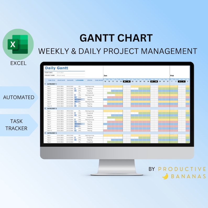 Daily & Weekly GANTT CHART Project Management, Agile Excel Template ...