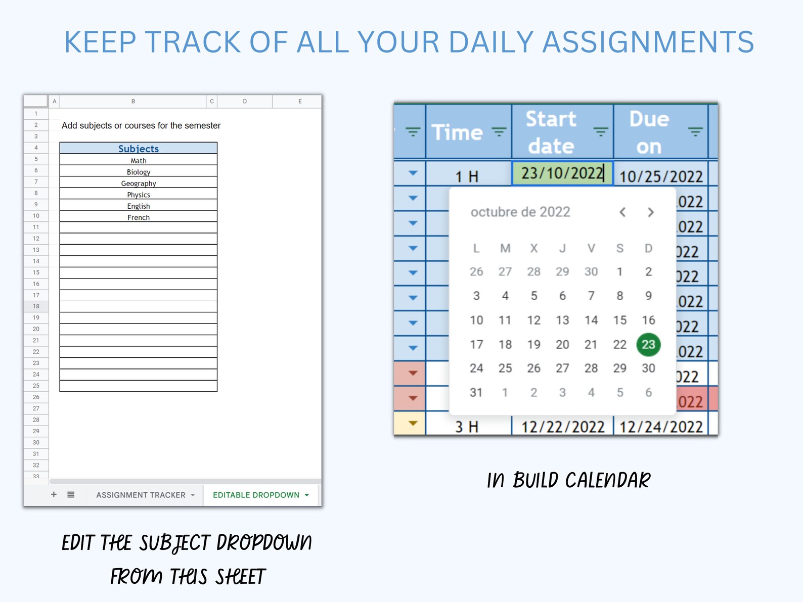 ASSIGNMENT TRACKER Google Sheets Template Homework Planner College and ...