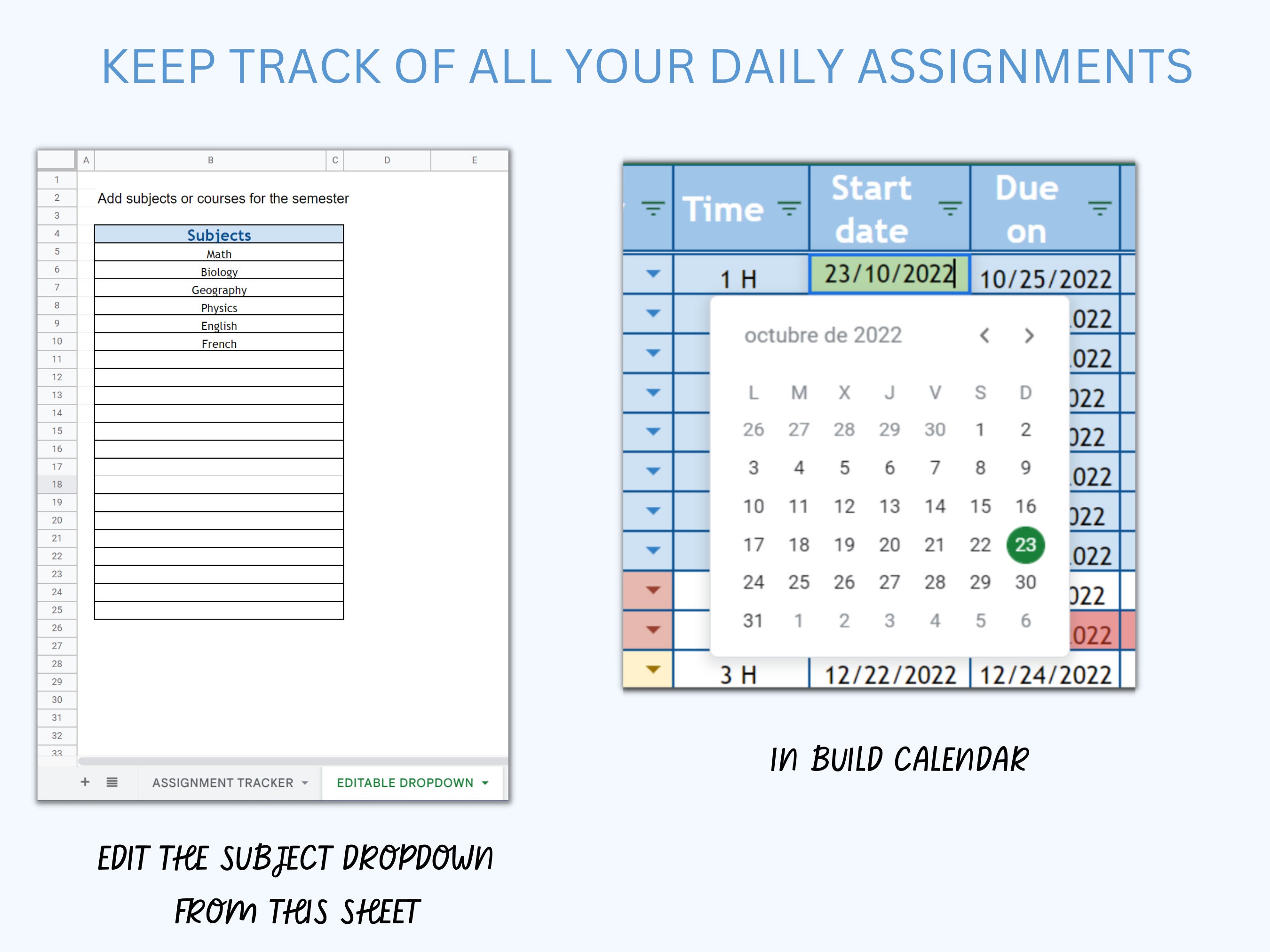 ASSIGNMENT TRACKER Google Sheets Template Homework Planner - Etsy