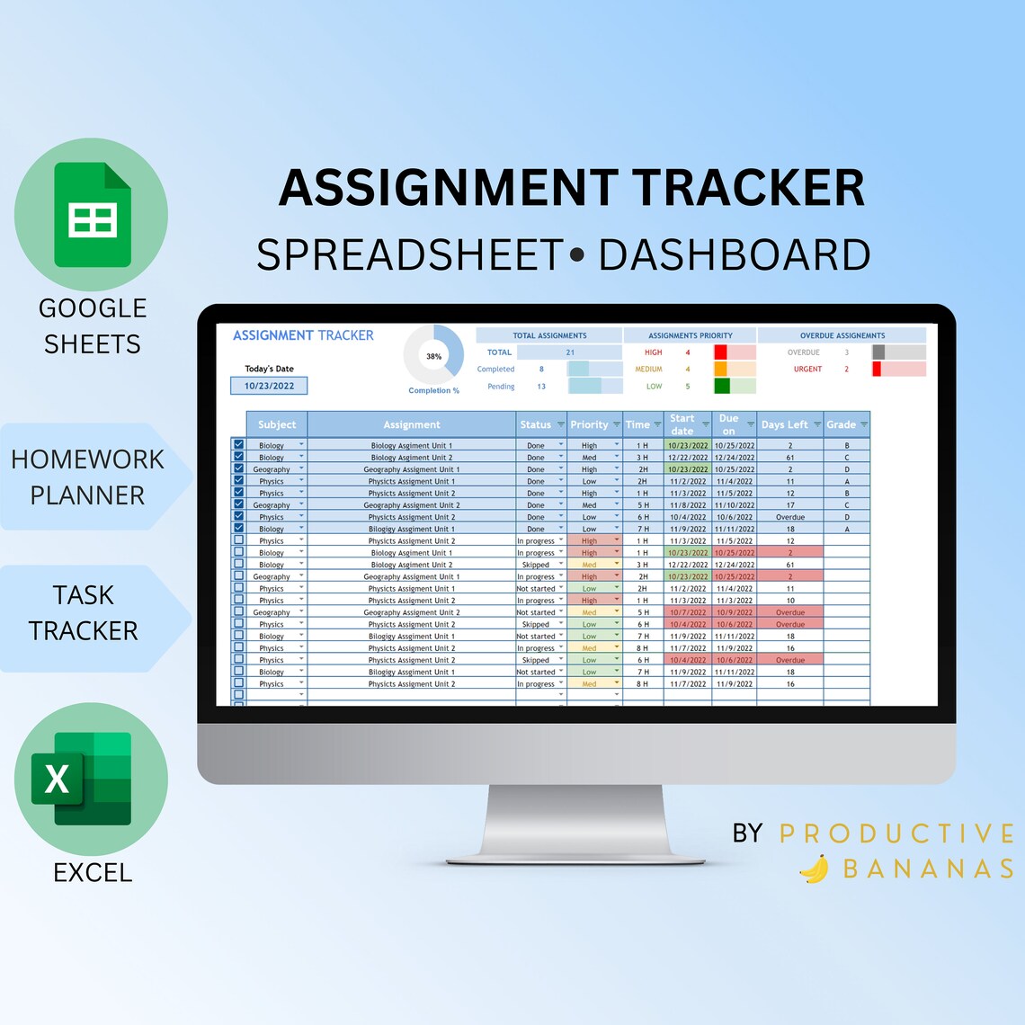 ASSIGNMENT TRACKER Google Sheets Template Homework Planner College and ...