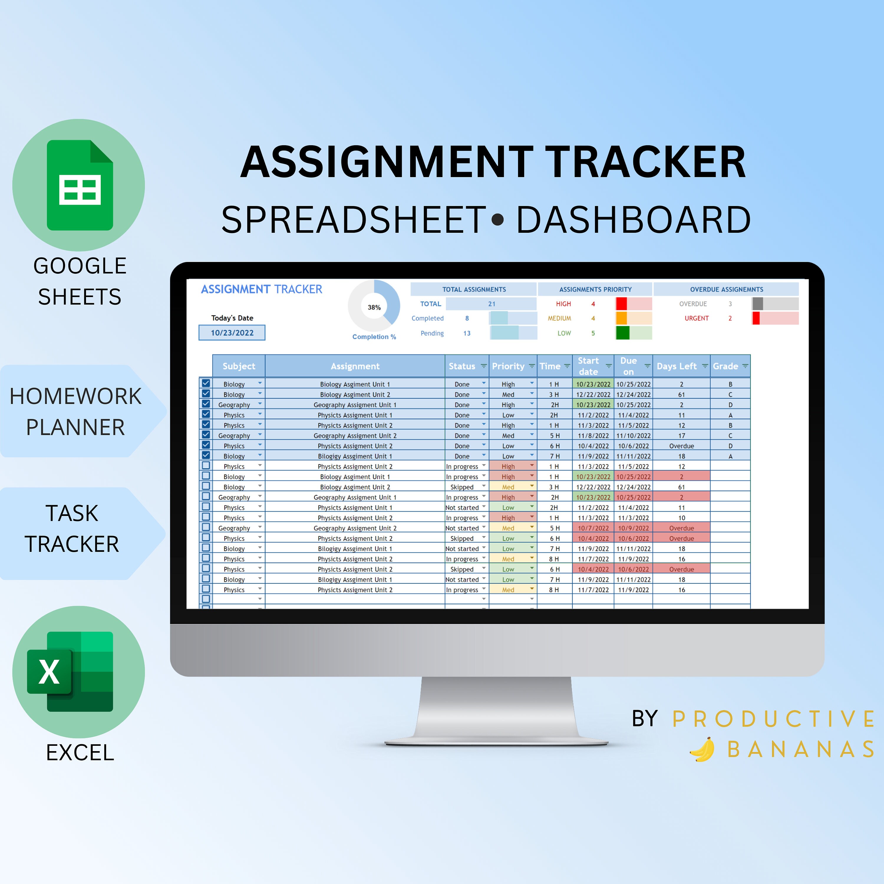 ASSIGNMENT TRACKER Google Sheets Template Homework Planner College and ...