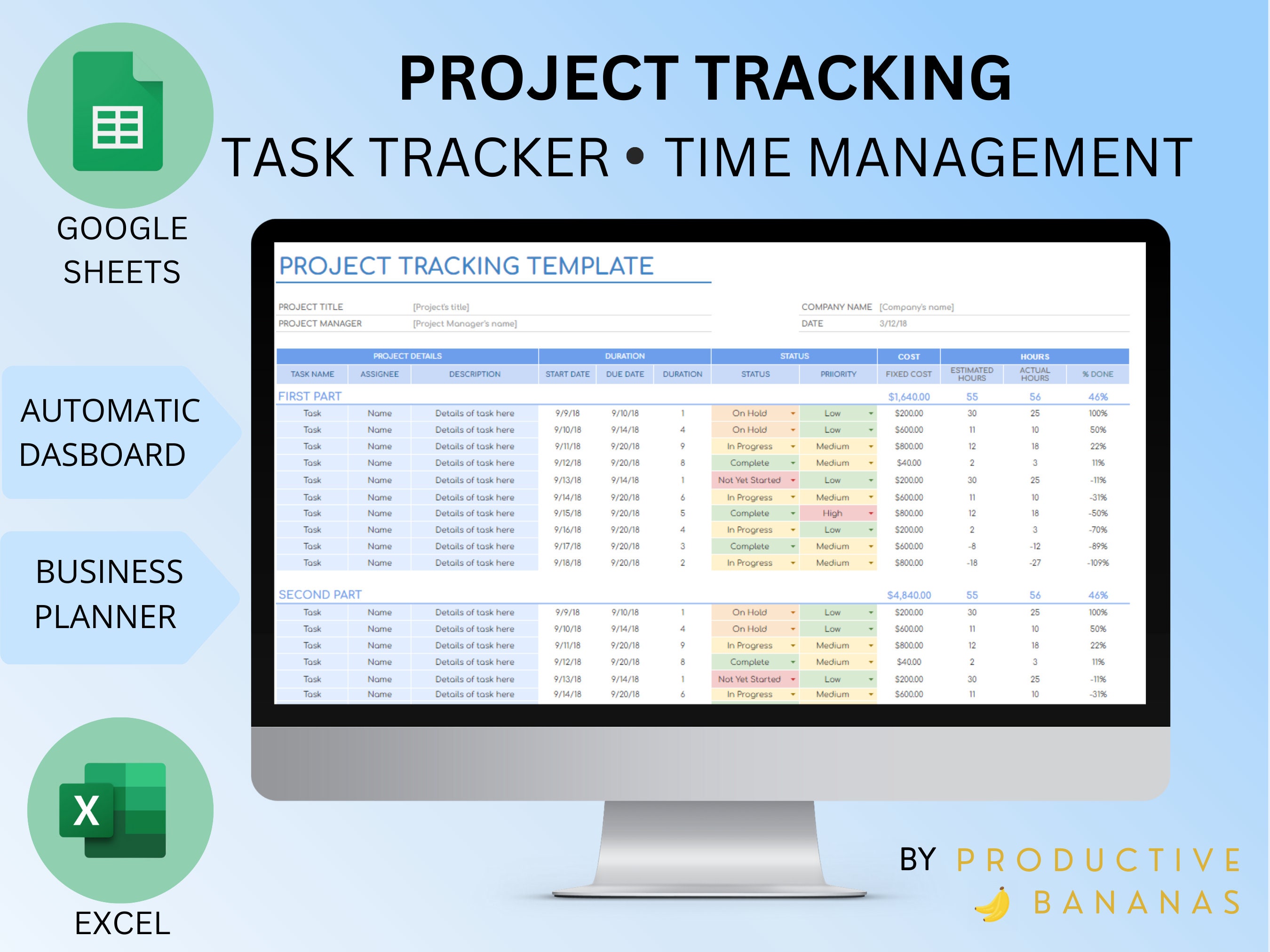 PROJECT MANAGEMENT Business Planner Digital Google Sheets & Excel ...