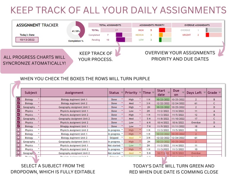 ASSIGNMENT TRACKER Google Sheets & Excel Template Homework - Etsy