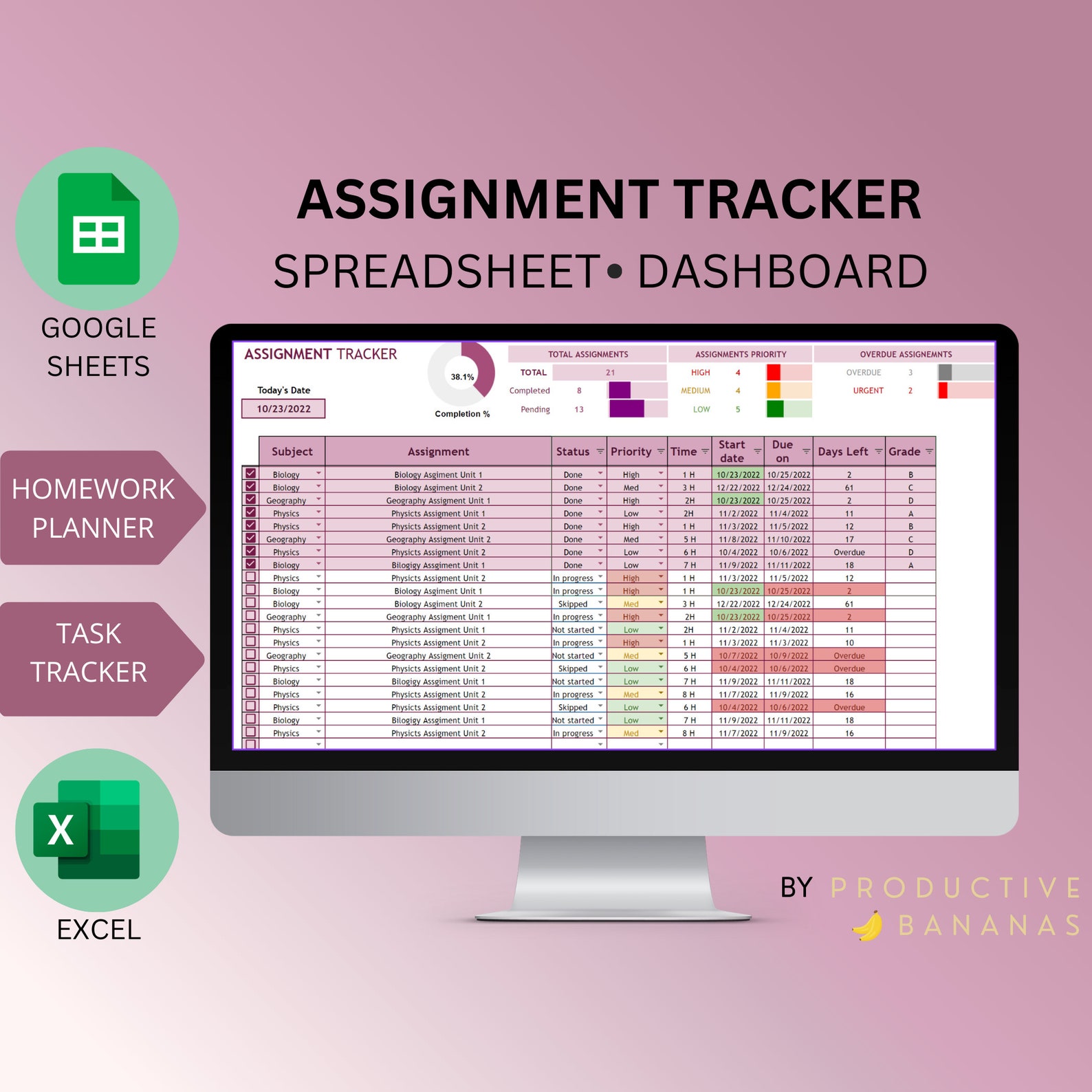ASSIGNMENT TRACKER | Google Sheets & Excel Template | Homework Planner ...