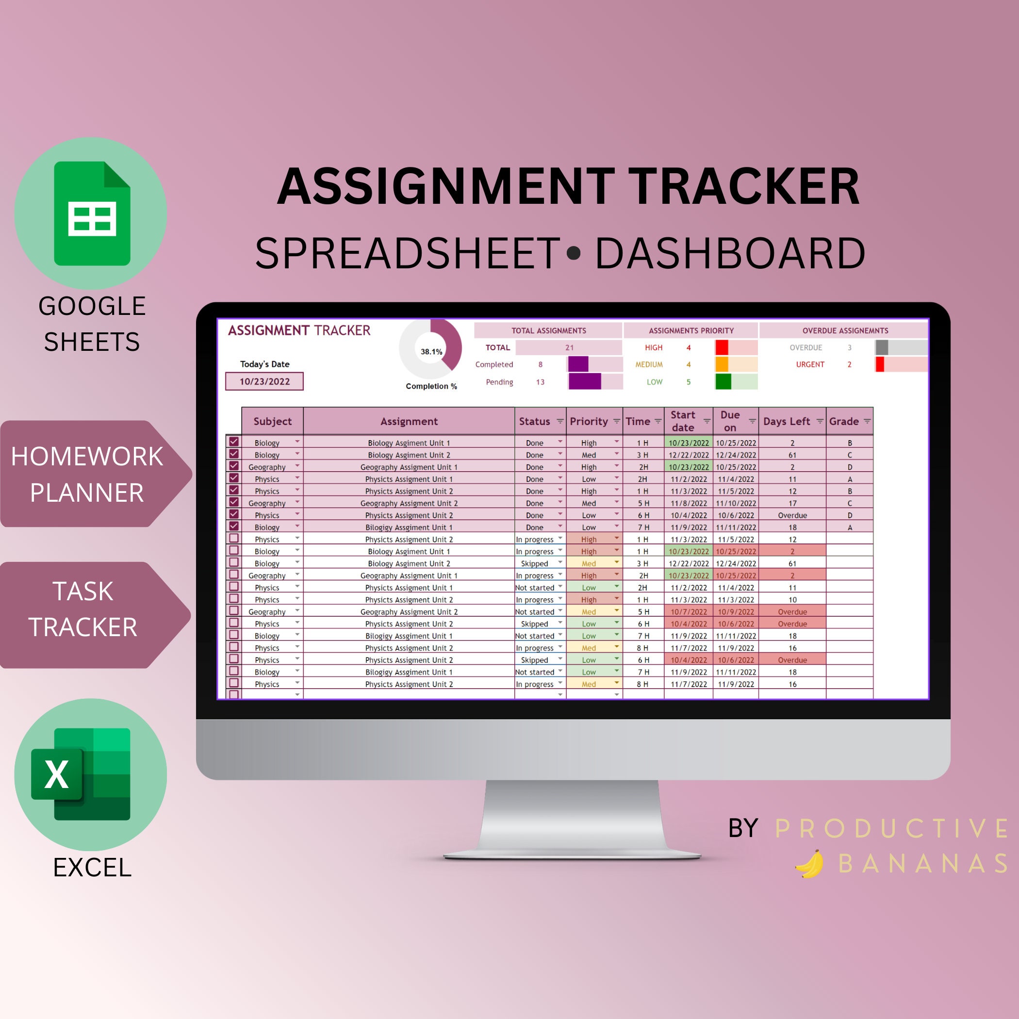 ASSIGNMENT TRACKER | Google Sheets & Excel Template | Homework Planner ...