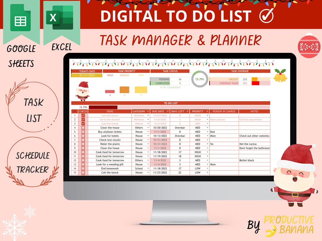 Christmas TO DO LIST | Task Manager & Tracker | Google Sheets and Excel ...