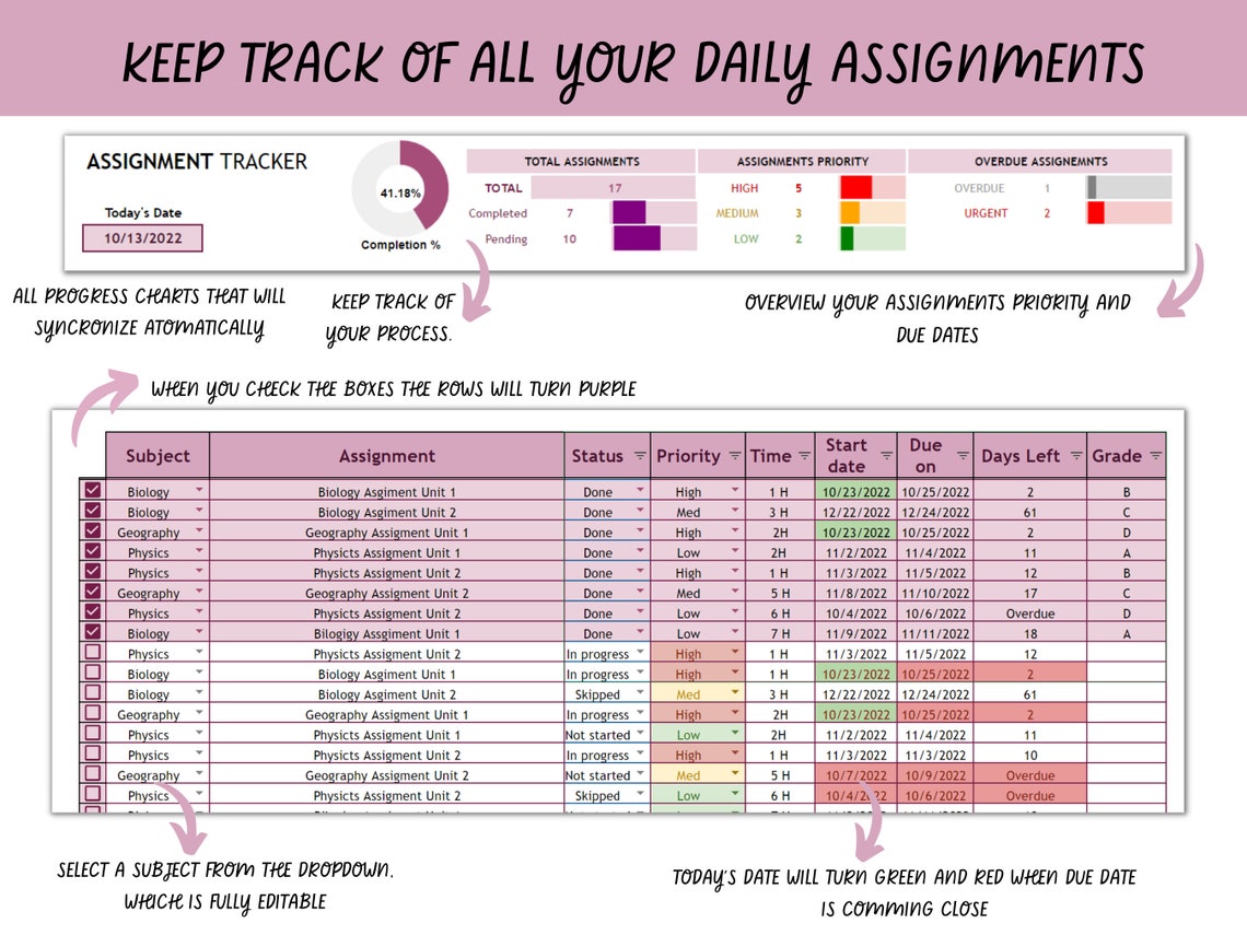 ASSIGNMENT TRACKER Google Sheets & Excel Template Homework - Etsy