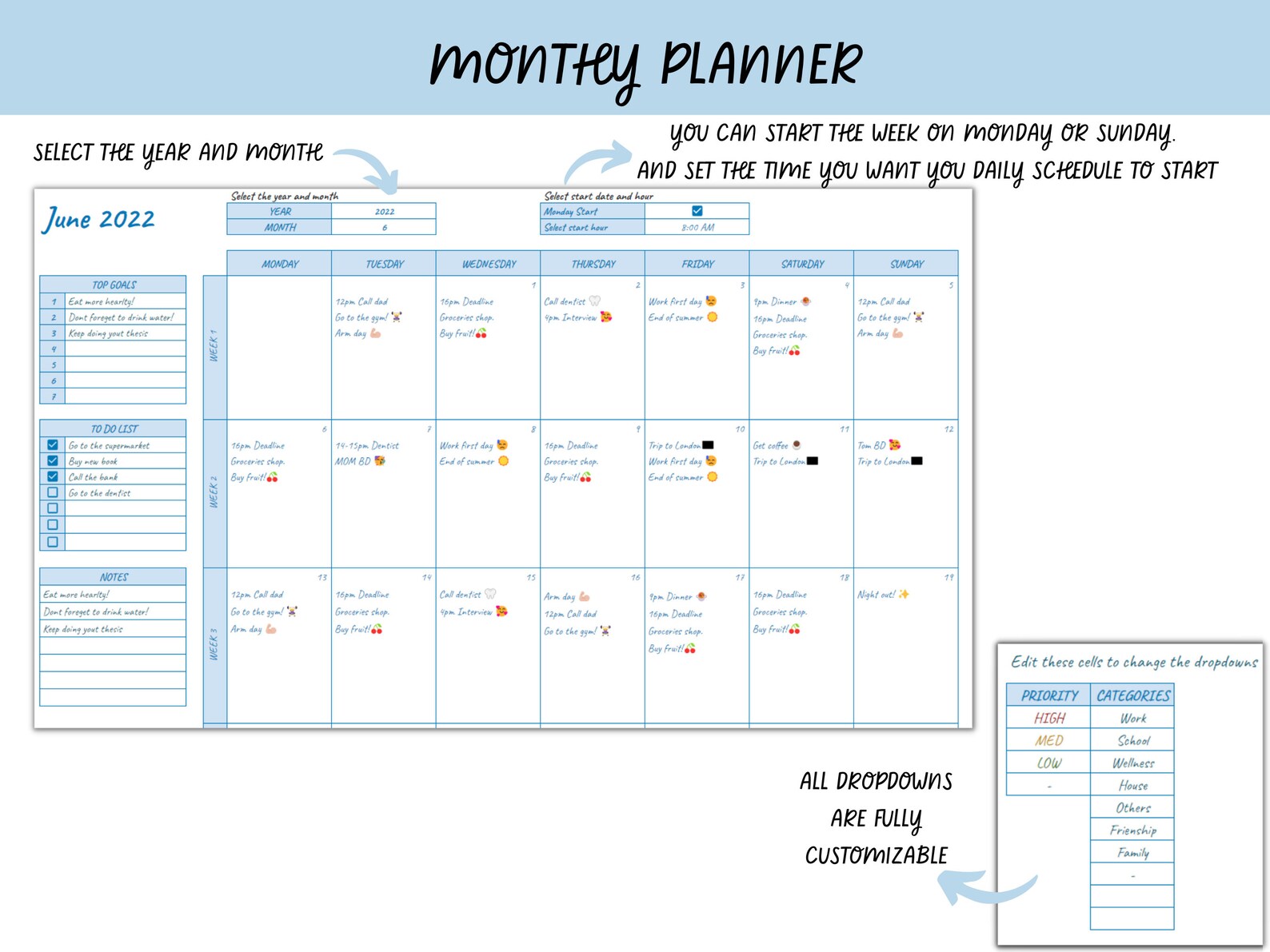Undated WEEKLY PLANNER EDITABLE | Digital Monthly and Daily Calendar ...